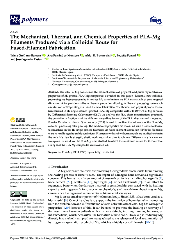 (PDF) The Mechanical, Thermal, and Chemical Properties of PLA-Mg Filaments Produced via a ...