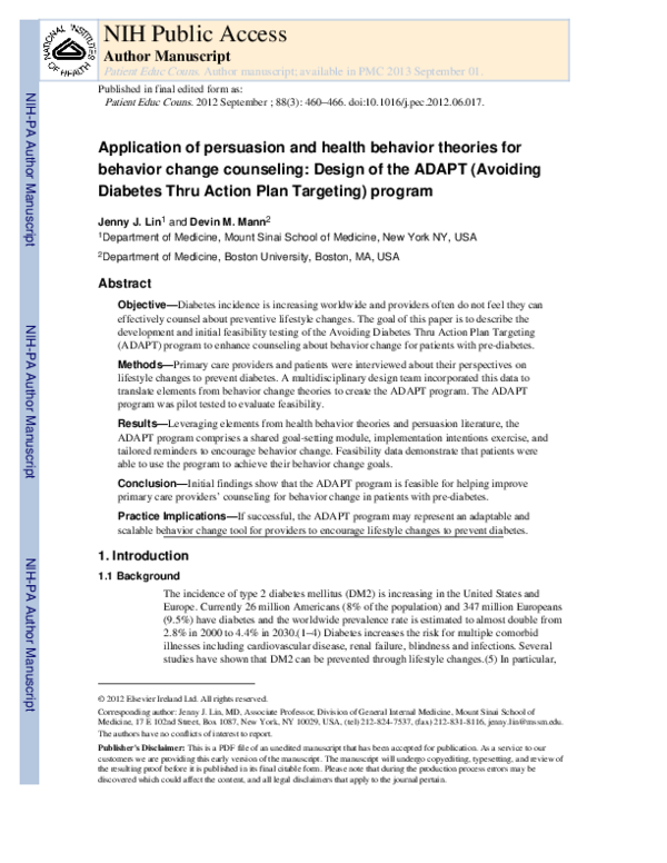 (PDF) Application of persuasion and health behavior theories for ...