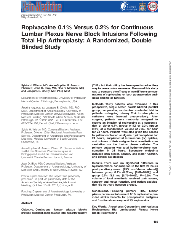 (PDF) Ropivacaine 0.1% Versus 0.2% for Continuous Lumbar Plexus Nerve ...