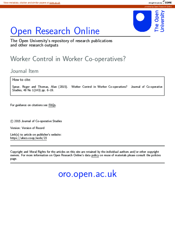 (PDF) Worker Control in Worker Co-operatives?