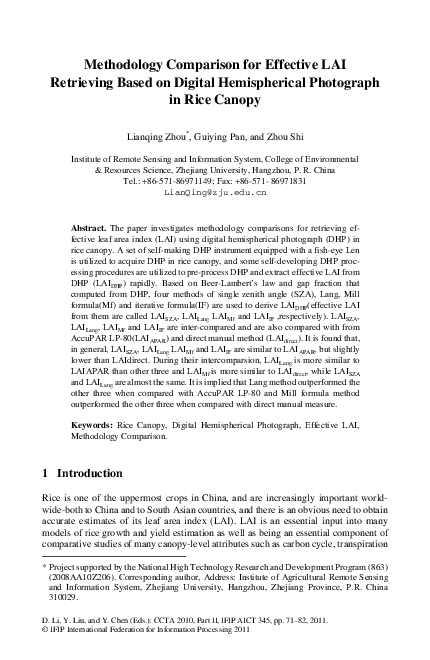 (PDF) Methodology Comparison for Effective LAI Retrieving Based on Digital Hemispherical ...