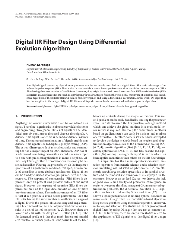 Pdf Digital Iir Filter Design Using Differential Evolution Algorithm