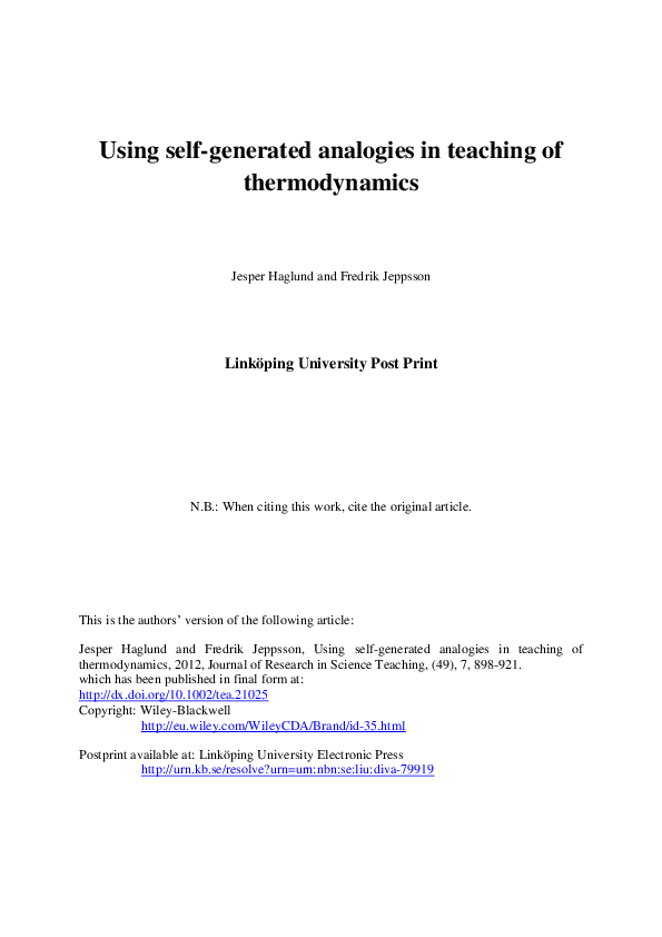 Pdf Using Self Generated Analogies In Teaching Of Thermodynamics Fredrik Jeppsson