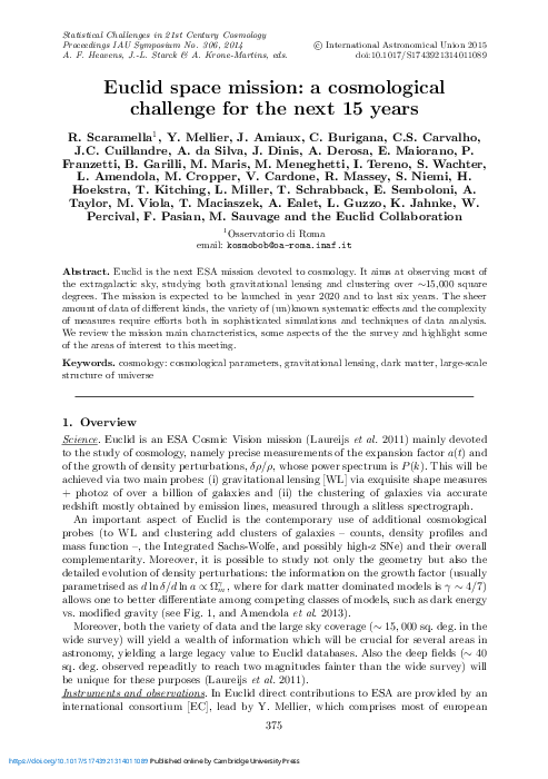 (PDF) Euclid space mission: a cosmological challenge for the next 15 years