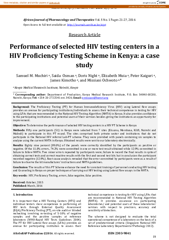 (PDF) Performance of selected HIV testing centers in a HIV Proficiency ...