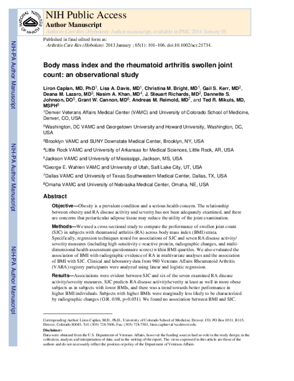 (PDF) Body mass index and the rheumatoid arthritis swollen joint count ...