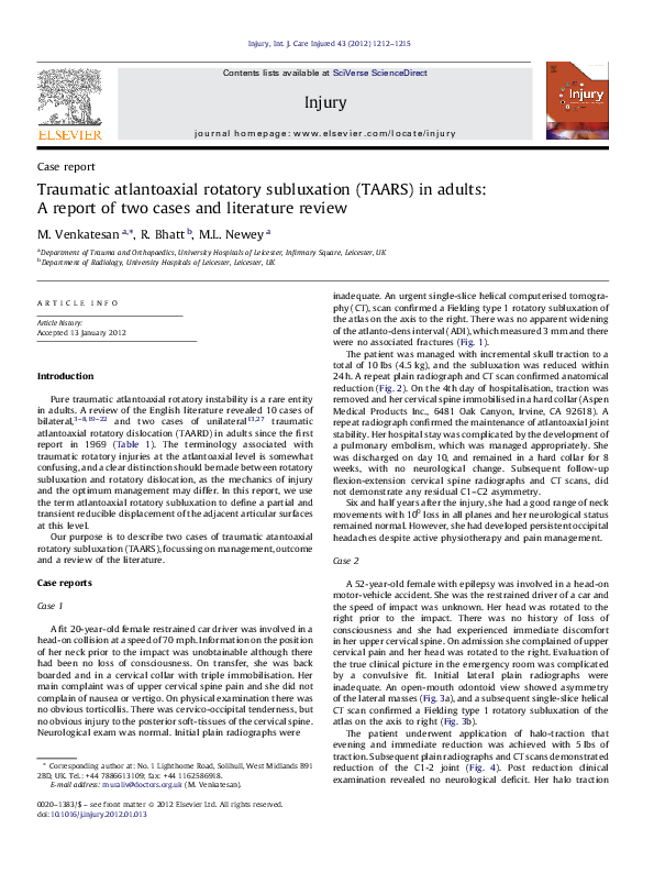 (PDF) Traumatic atlantoaxial rotatory subluxation (TAARS) in adults: A ...