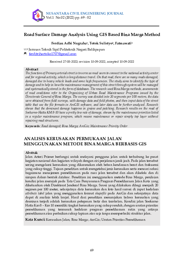(PDF) Road Surface Damage Analysis Using GIS Based Bina Marga Method