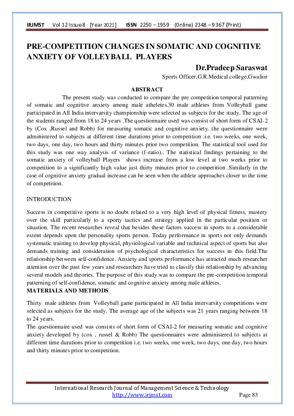 (PDF) PRE-COMPETITION CHANGES IN SOMATIC AND COGNITIVE ANXIETY OF ...