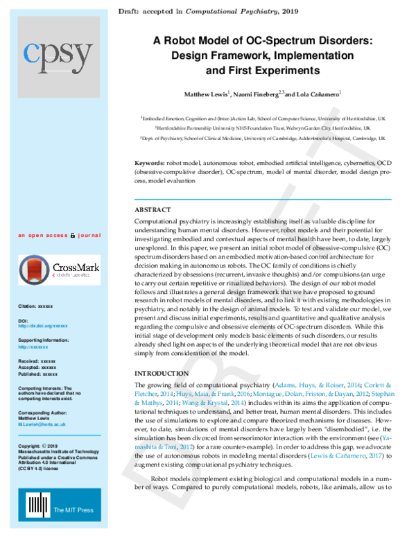 (PDF) A Robot Model of OC-Spectrum Disorders: Design Framework, Implementation, and First ...