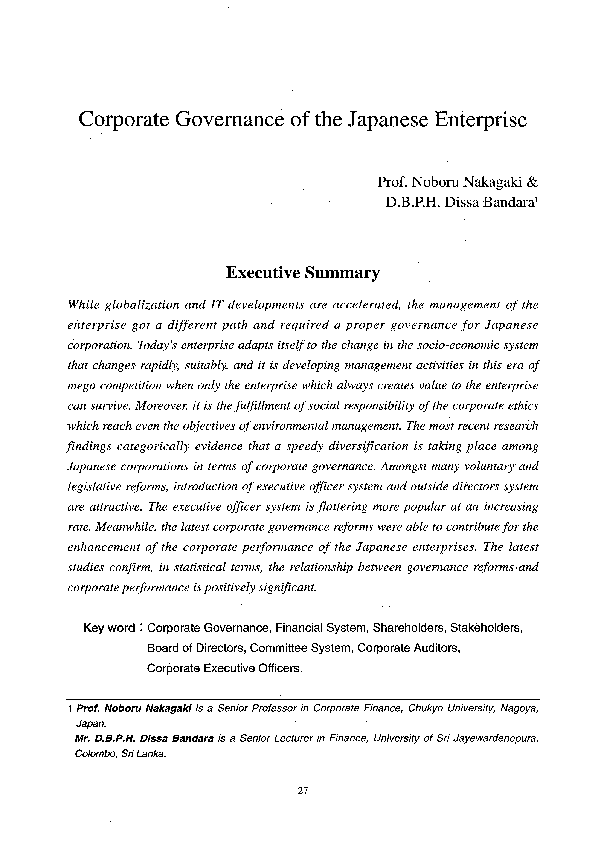 (PDF) Corporate Governance of the Japanese Enterprise