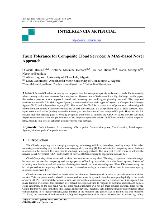(PDF) Fault Tolerance for Composite Cloud Services: A MAS-based Novel Approach