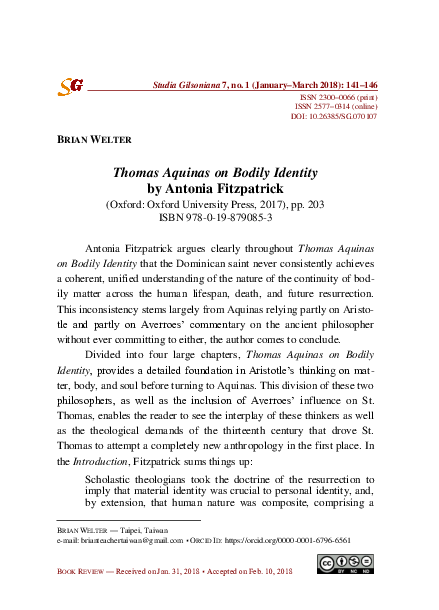 (PDF) THOMAS AQUINAS ON BODILY IDENTITY. By Antonia Fitzpatrick. Oxford ...
