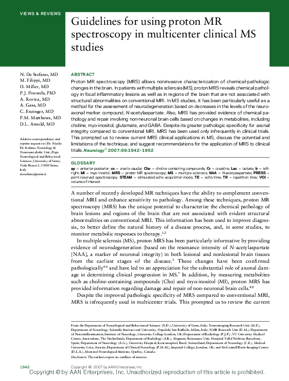 (PDF) Guidelines for using proton MR spectroscopy in multicenter ...