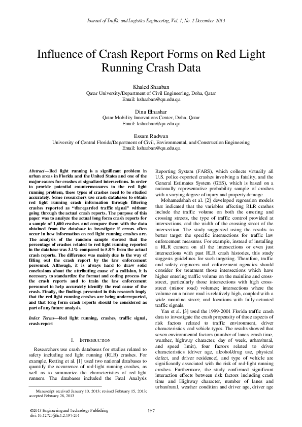 (PDF) Influence of Crash Report Forms on Red Light Running Crash Data