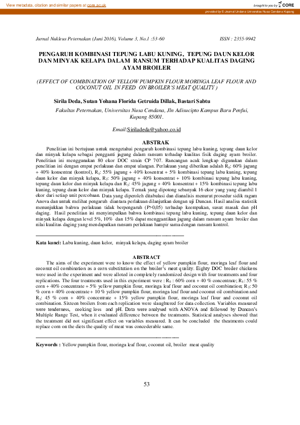 Pengaruh Kombinasi Tepung Labu Kuning, Tepung Daun Kelor Dan Minyak Kelapa Dalam Ransum Terhadap ...