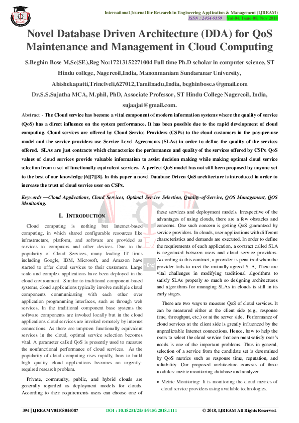 (PDF) Novel Database Driven Architecture (DDA) for QoS Maintenance and Management in Cloud Computing