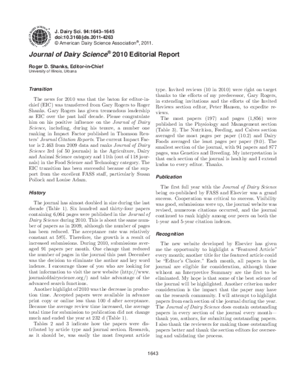 (PDF) Journal of Dairy Science® 2010 Editorial Report