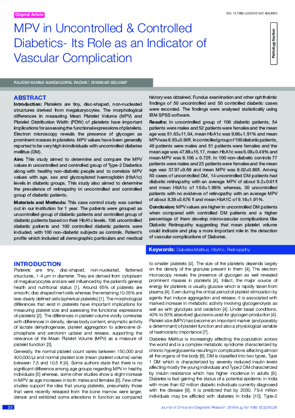 (PDF) MPV in Uncontrolled and Controlled Diabe