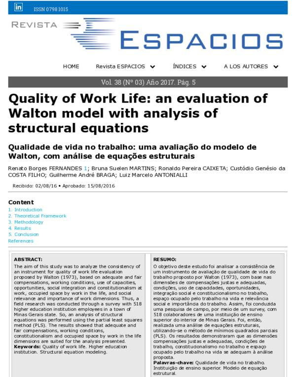 (PDF) Quality of Work Life: an evaluation of Walton model with analysis ...