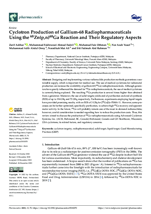 (PDF) Cyclotron Production of Gallium-68 Radiopharmaceuticals Using the ...