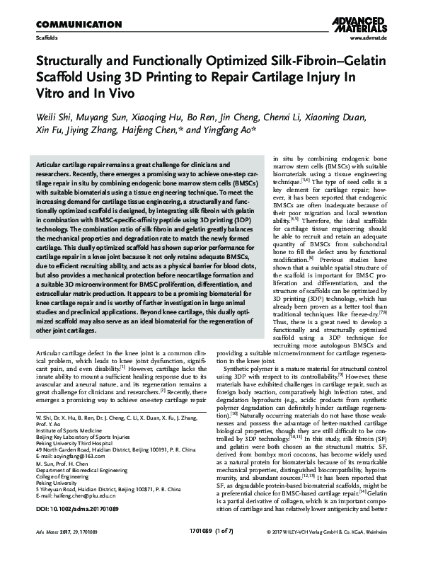 (PDF) Structurally and Functionally Optimized Silk-Fibroin-Gelatin Scaffold Using 3D Printing to ...