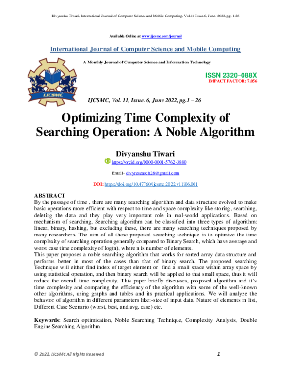 (PDF) Optimizing Time Complexity of Searching Operation: A Noble Algorithm