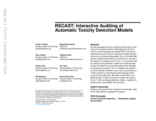 (PDF) RECAST: Interactive Auditing of Automatic Toxicity Detection Models