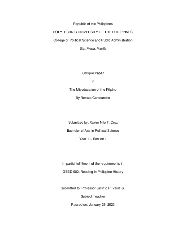 (PDF) A Critique Paper On "The Miseducation of the Filipino" by Renato ...