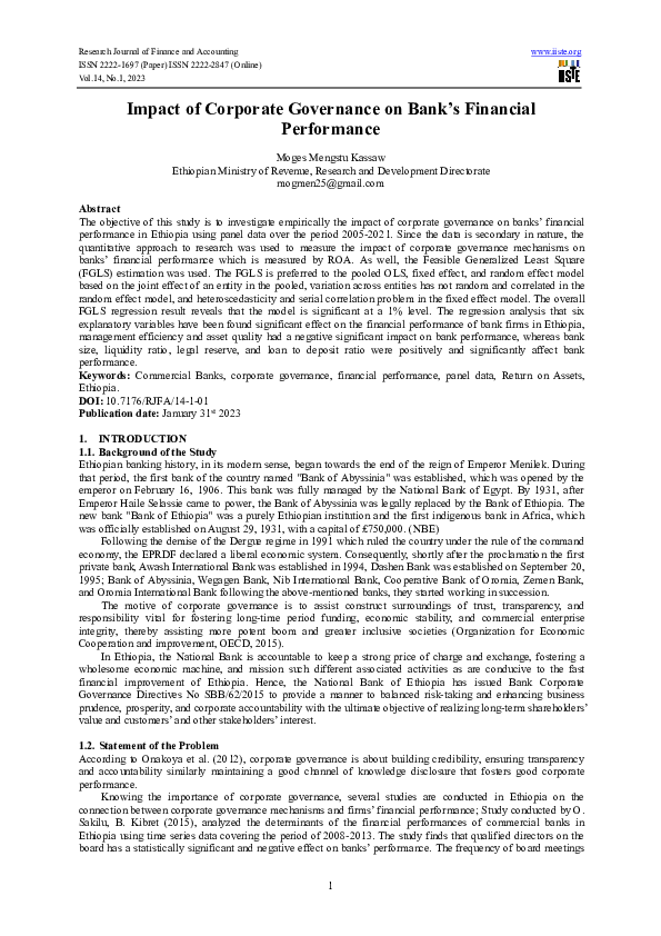 (PDF) Impact of Corporate Governance on Bank's Financial Performance