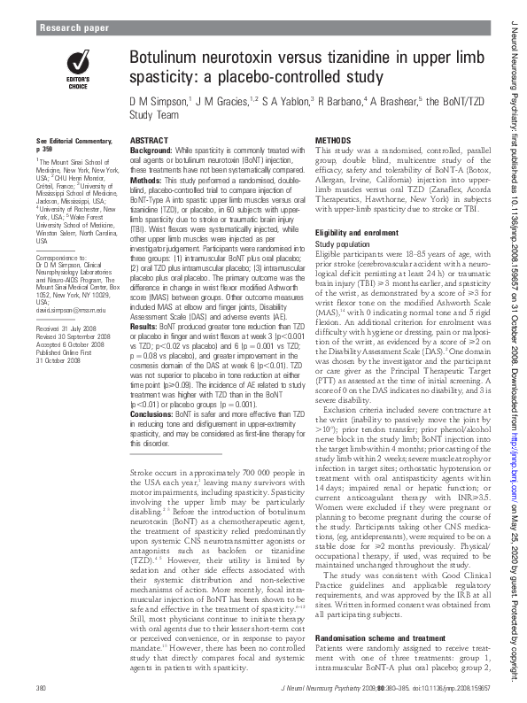 (PDF) Botulinum neurotoxin versus tizanidine in upper limb spasticity ...