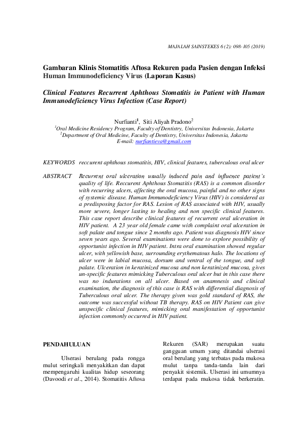 (PDF) Gambaran Klinis Stomatitis Aftosa Rekuren pada Pasien dengan ...