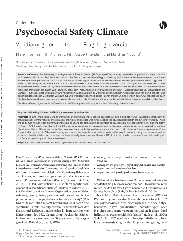 (PDF) Psychosocial Safety Climate