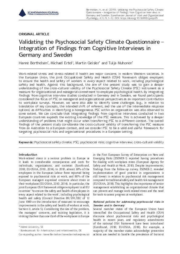 (PDF) Validating the Psychosocial Safety Climate Questionnaire ...