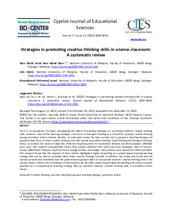 (PDF) Strategies in promoting creative thinking skills in science classroom: A systematic review