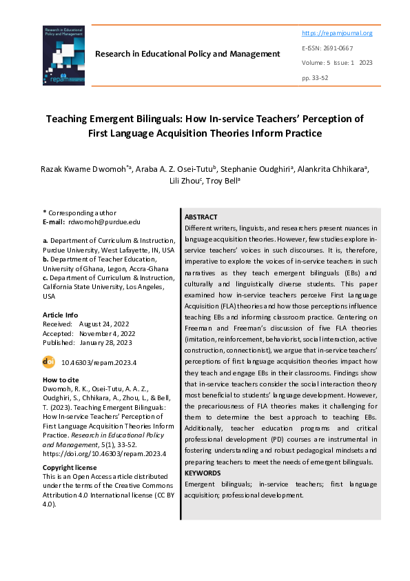 (PDF) Teaching Emergent Bilinguals: How In-service Teachers’ Perception ...