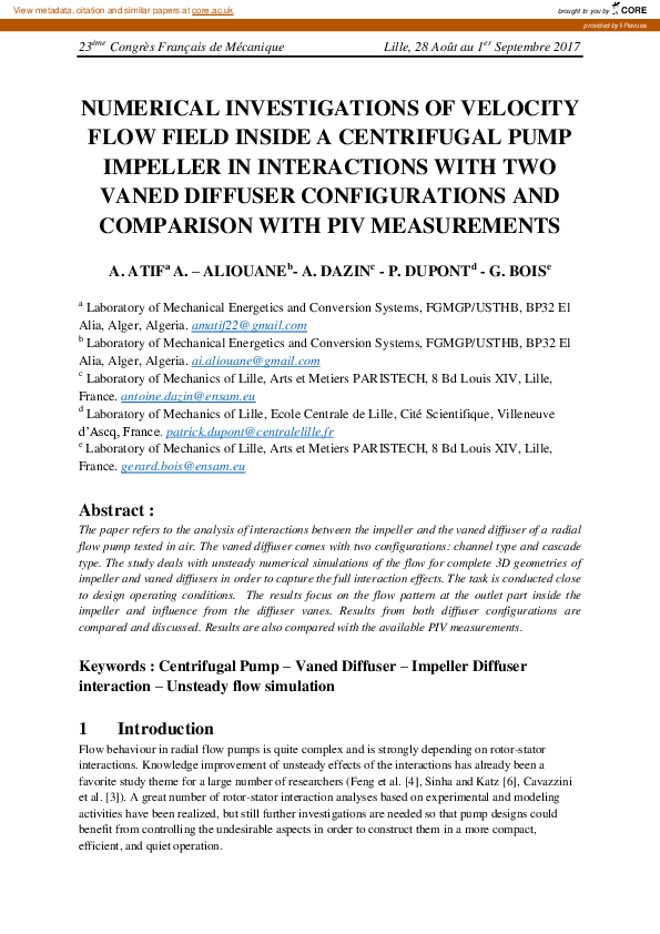(PDF) Numerical Investigations of Velocity Flow Field Inside a Centrifugal Pump Impeller in ...