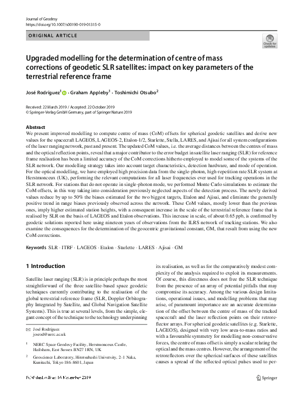 Pdf Upgraded Modelling For The Determination Of Centre Of Mass Corrections Of Geodetic Slr