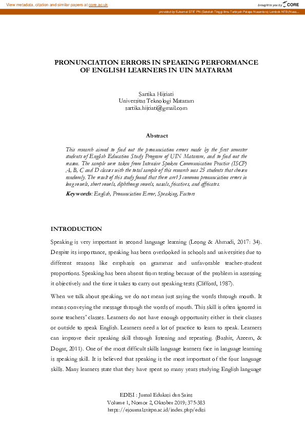 (PDF) Pronunciation Errors in Speaking Performance of English Learners in UIN Mataram