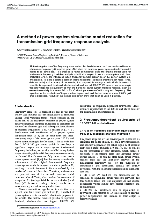 (PDF) A method of power system simulation model reduction for transmission grid frequency ...