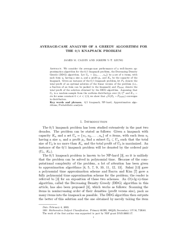 (PDF) Average-case analysis of a greedy algorithm for the 0/1 knapsack problem