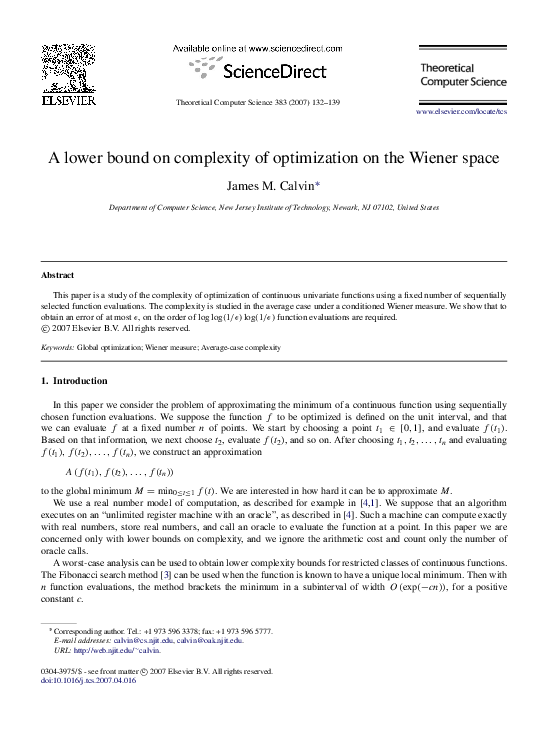 (PDF) A lower bound on complexity of optimization on the Wiener space