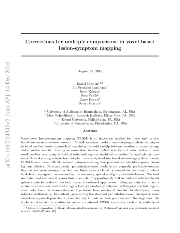 (PDF) Corrections for multiple comparisons in voxel-based lesion-symptom mapping