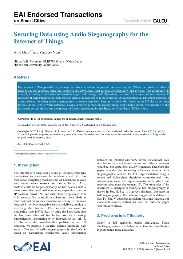 (PDF) Securing Data using Audio Steganography for the Internet of Things
