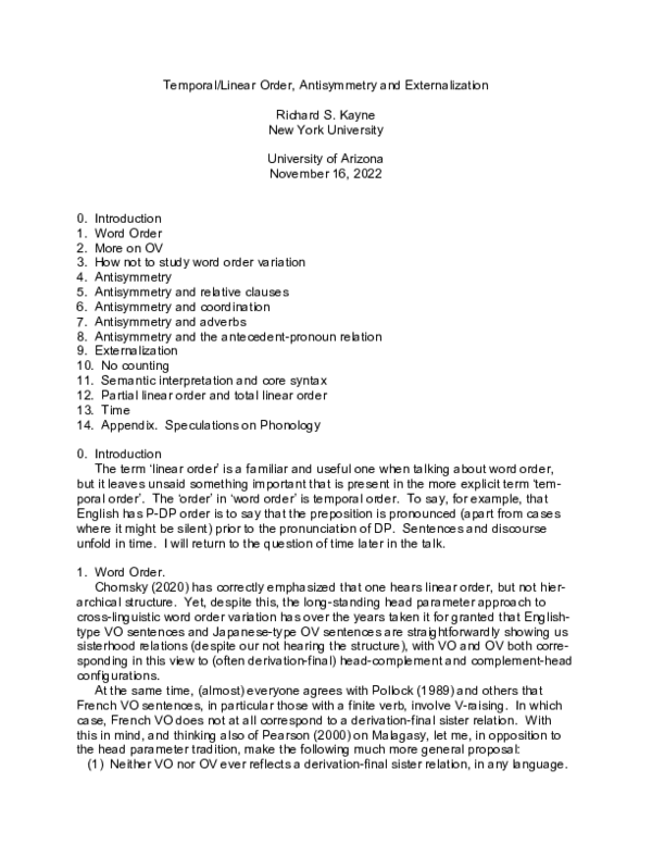 (PDF) Temporal/Linear Order, Antisymmetry and Externalization (handout)
