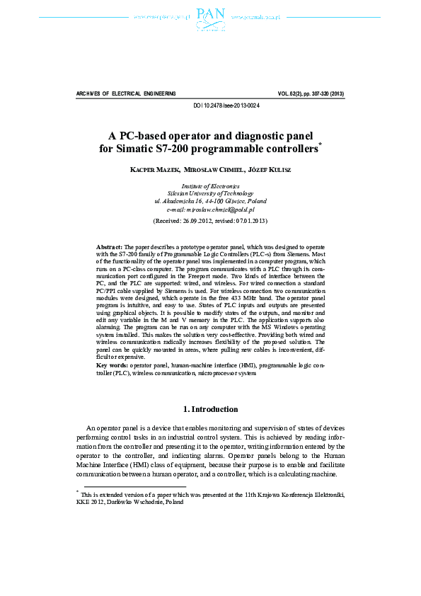 (PDF) A PC-based operator and diagnostic panel for Simatic S7-200 programmable controllers