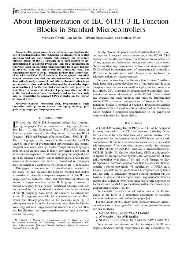 Pdf About Implementation Of Iec 61131 3 Il Function Blocks In