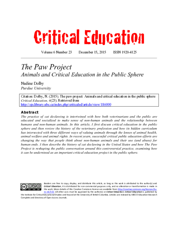 The Paw Project: Animals and Critical Education in the Public Sphere