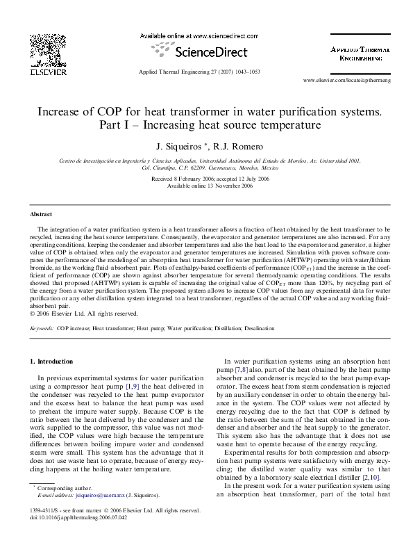 (PDF) Increase of COP for heat transformer in water purification ...