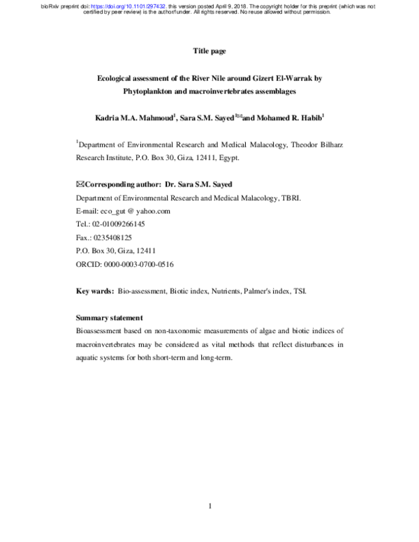(PDF) Ecological assessment of the River Nile around Gizert El-Warrak ...